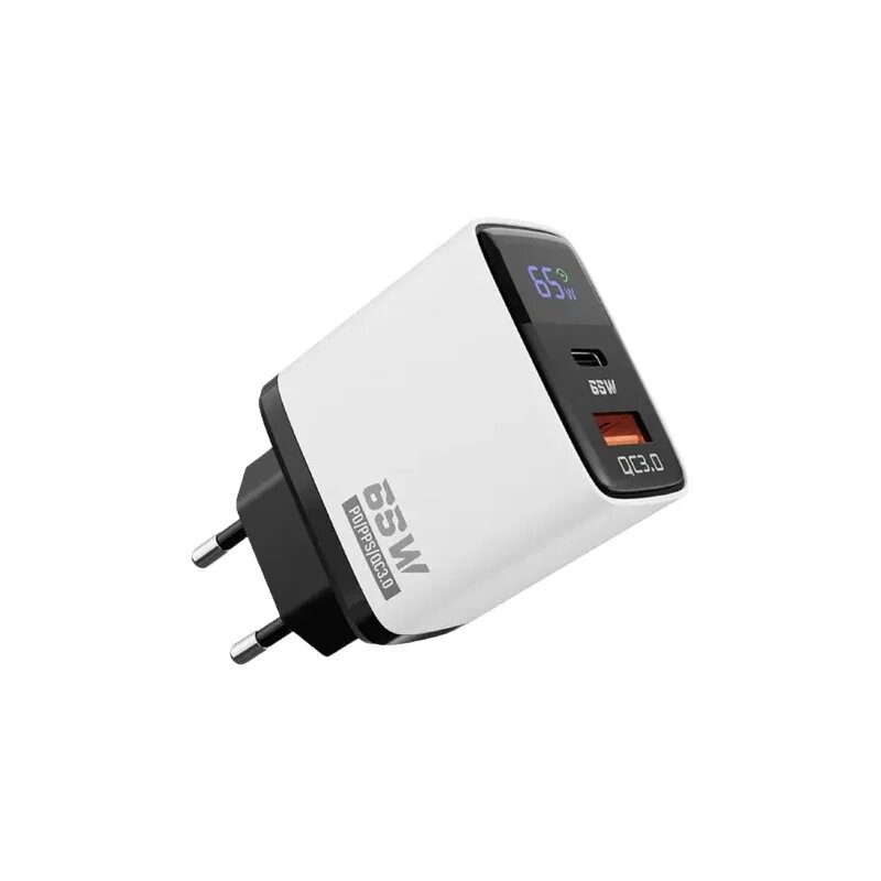 Зарядное устройство 65W White EU с дисплеем, 2 порта USB
