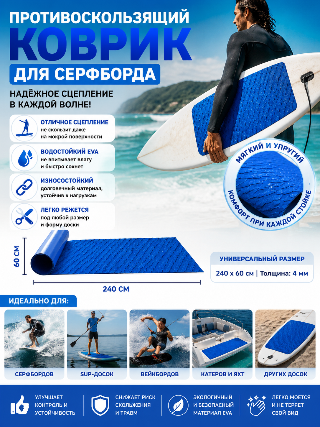 Самоклеящийся нескользящий коврик для доски для серфинга EVA 60*240 см