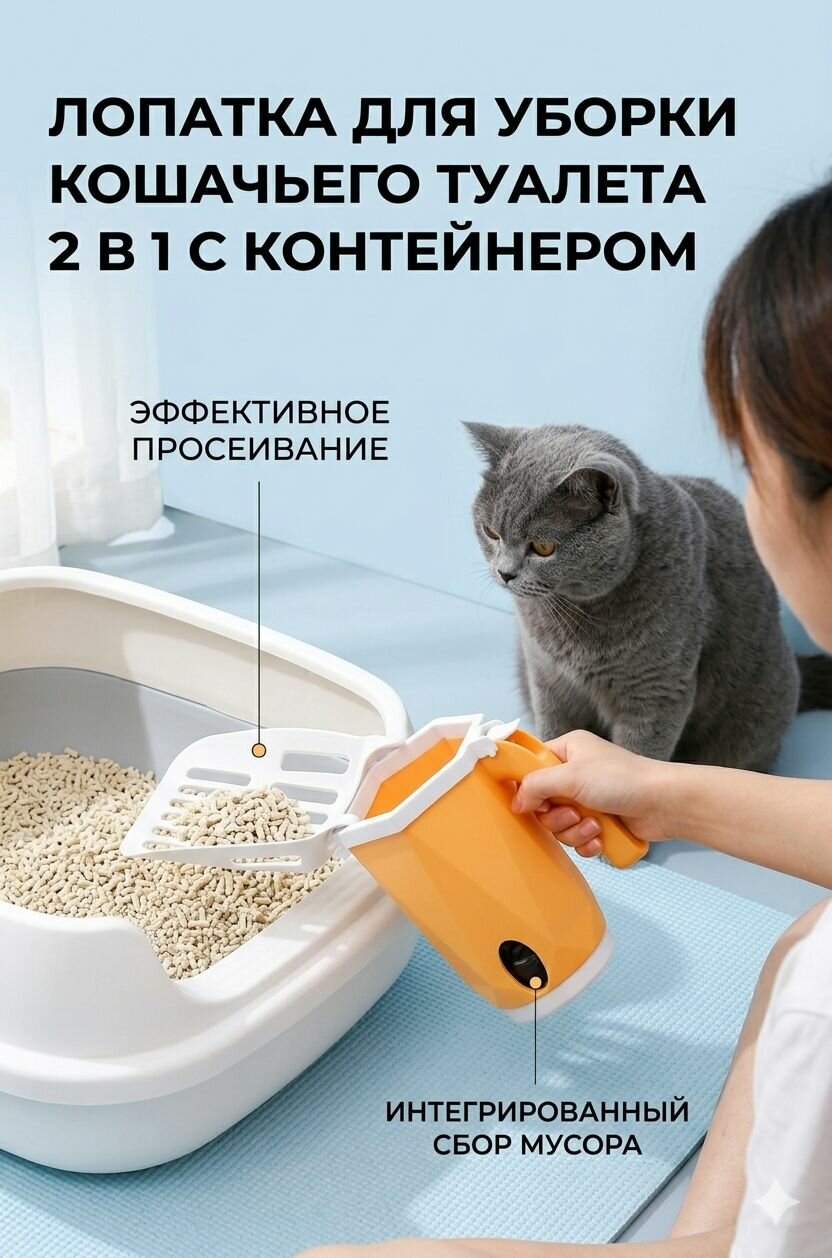 Совок для кошачьего туалета 2 в 1 со встроенным контейнером и мусорными пакетами, универсальная лопатка для уборки кошачьего лотка