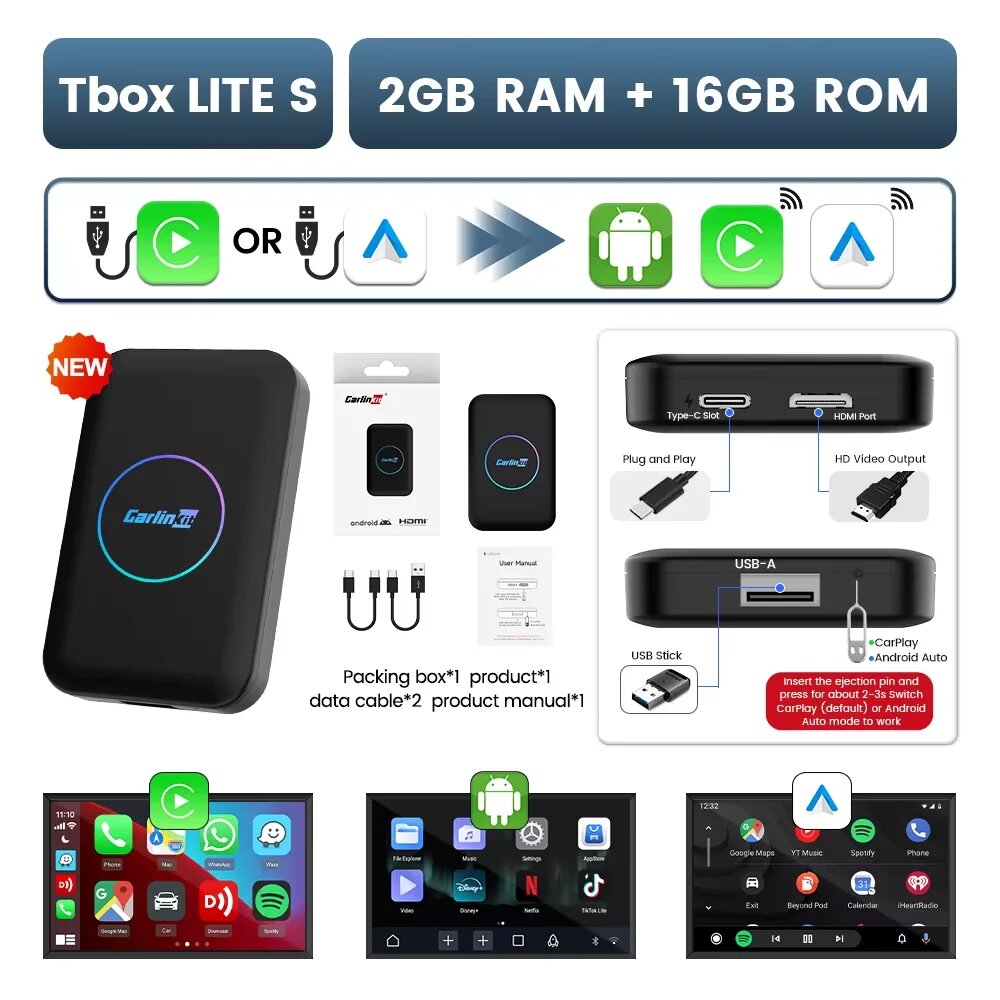 2026 CarlinKit Android TV Box LITE CarPlay Android Auto Беспроводной USB-адаптер с Lite S 2GB 16GB