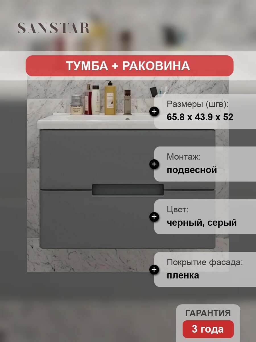 Тумба с раковиной Sanstar Noche 70, подвесная, графит софт, раковина Миранда