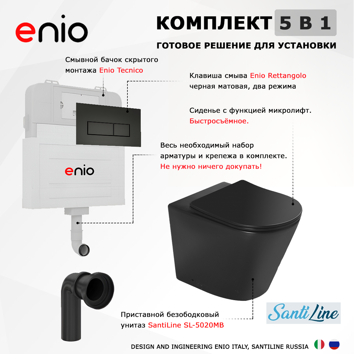 Комплект 3 в 1 смывной бачок скрытого монтажа Enio Tecnico + Унитаз приставной SantiLine SL-5020MB черный с кнопкой черной Rettangolo