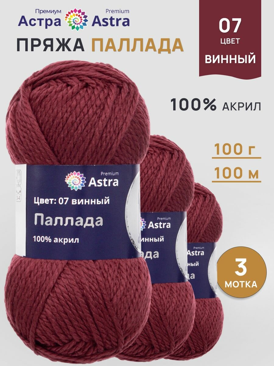Пряжа для вязания Astra Premium 'Паллада' 100г, 100м (100% акрил) (07 винный), 3 мотка
