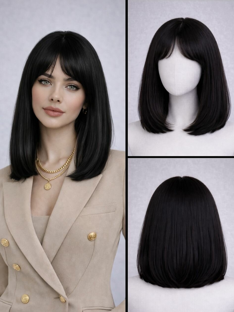Парик женский синтетический 45 см, тон 1В, HAIR COLLECTION, черные прямые волосы, с челкой, шт