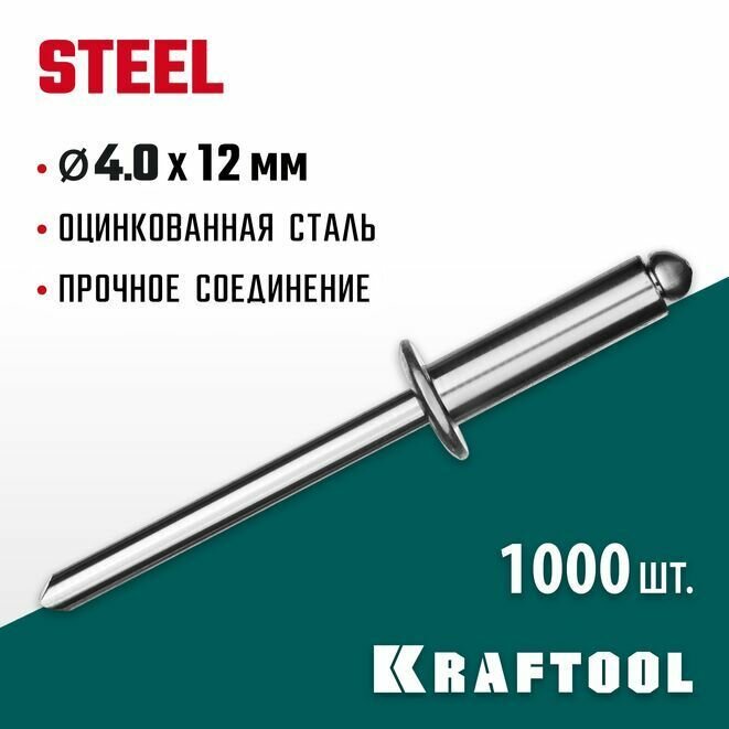 Заклепки стальные Steel, 4.0 х 12 мм, 1000 шт, KRAFTOOL