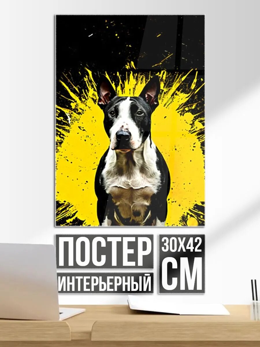 Постер на стену Бультерьер на черном в желтом
