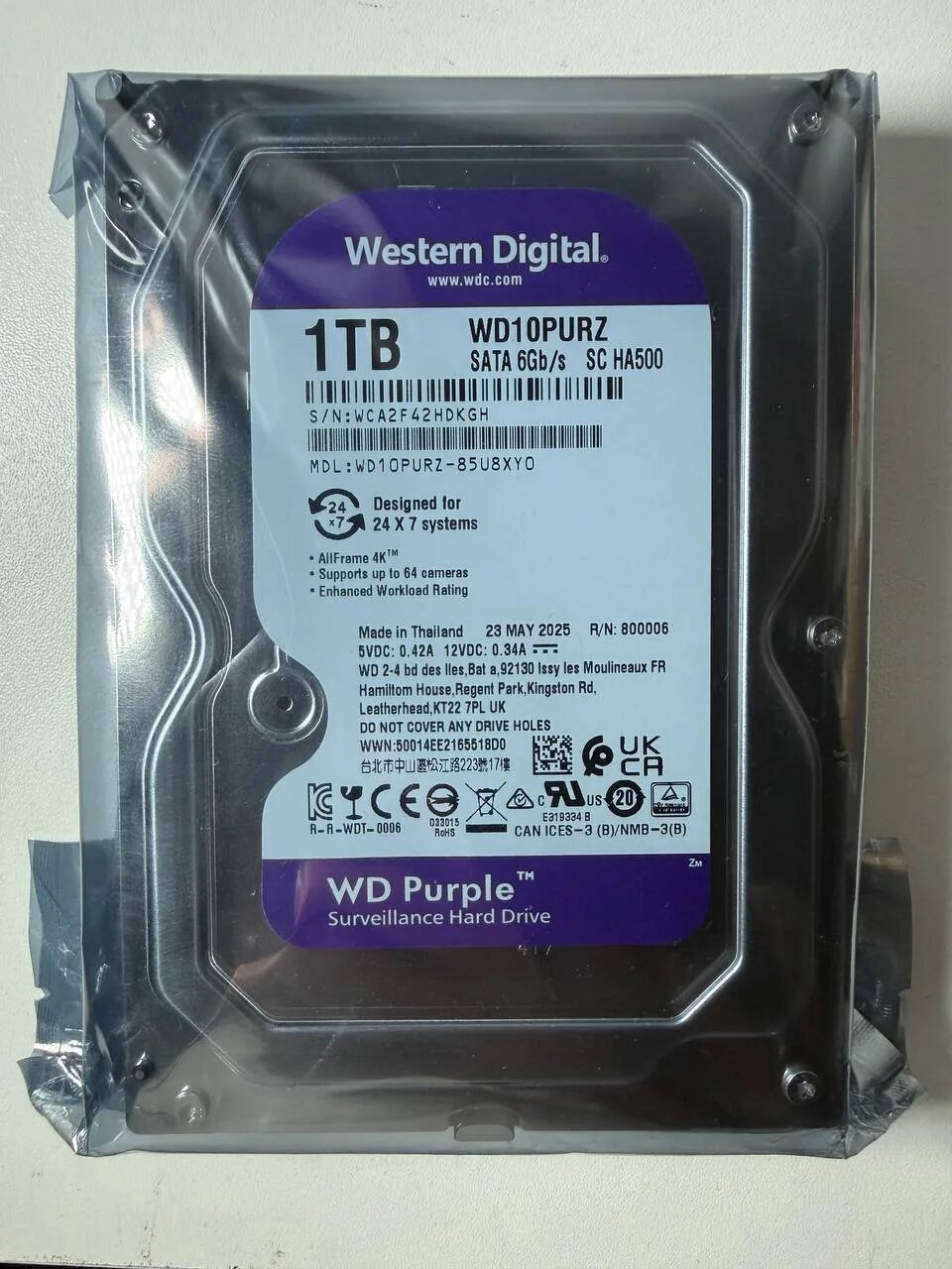 Жесткий диск WD Purple WD10PURZ, 1ТБ, HDD, SATA III, 3.5"