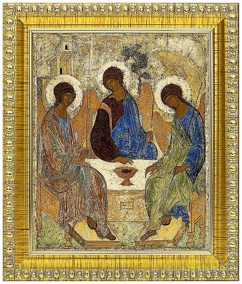 Святая Троица, Андрей Рублев, XV в, икона в золотой пластиковой рамке 12,5*14,5 см