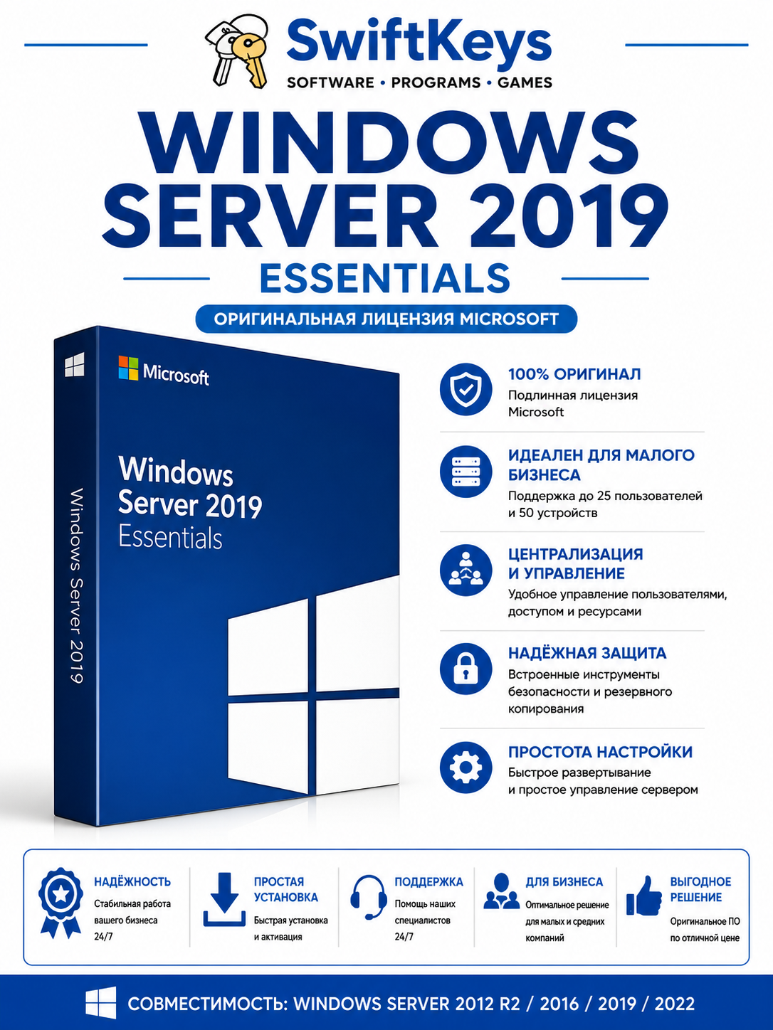 Windows Server 2019 Essentials - Бессрочная лицензия - Онлайн активация