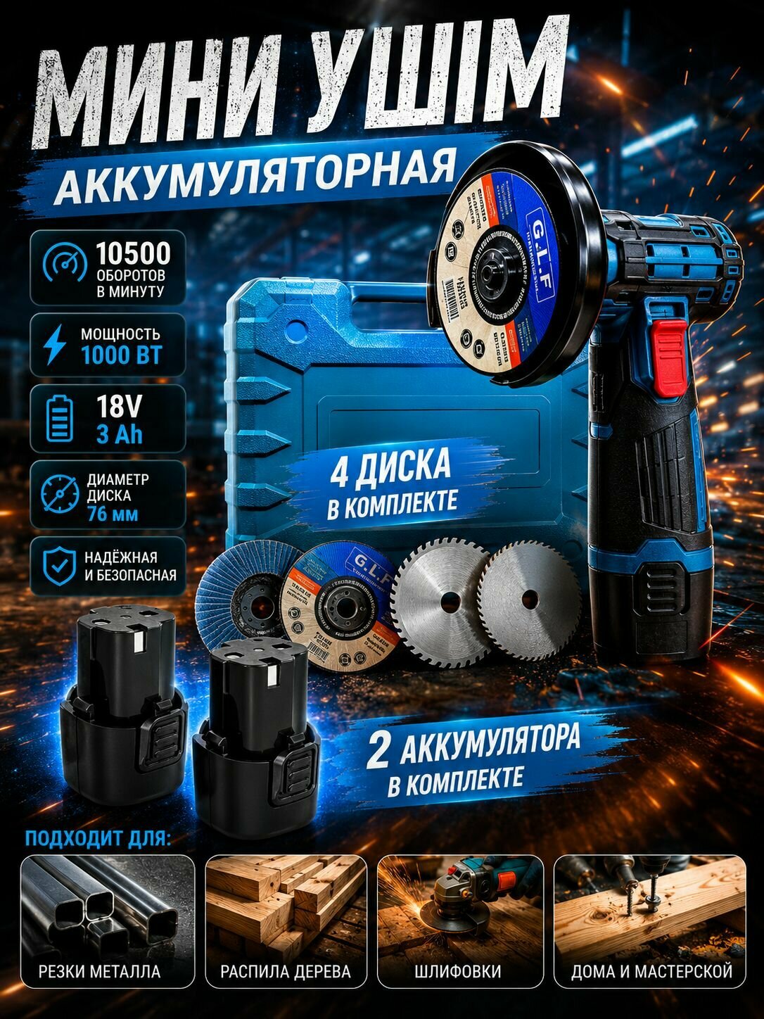 Мини УШМ Аккумуляторная 2 АКБ 4 диска в комплекте, Кейс / Болгарка маленькая аккумуляторная 2 Акб