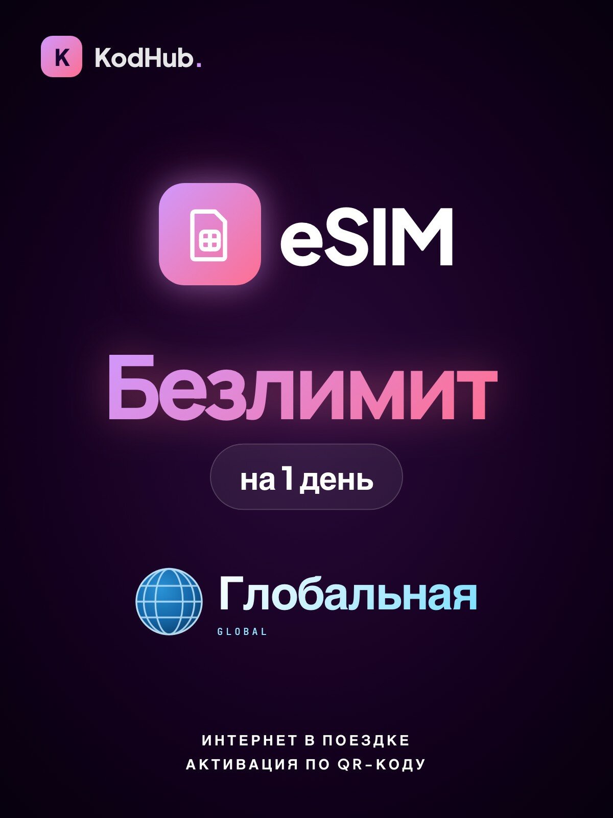 Туристическая eSIM Глобальная безлимит на 1 день | интернет в поездке, связь за границей | QR-код активации