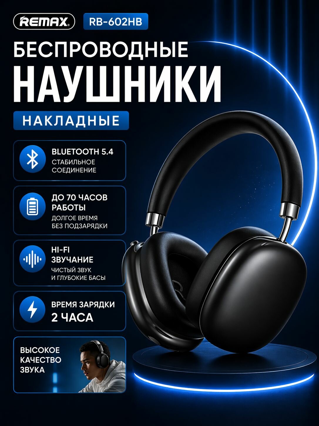 REMAX Наушники беспроводные с микрофоном, Bluetooth, USB Type-C, черный