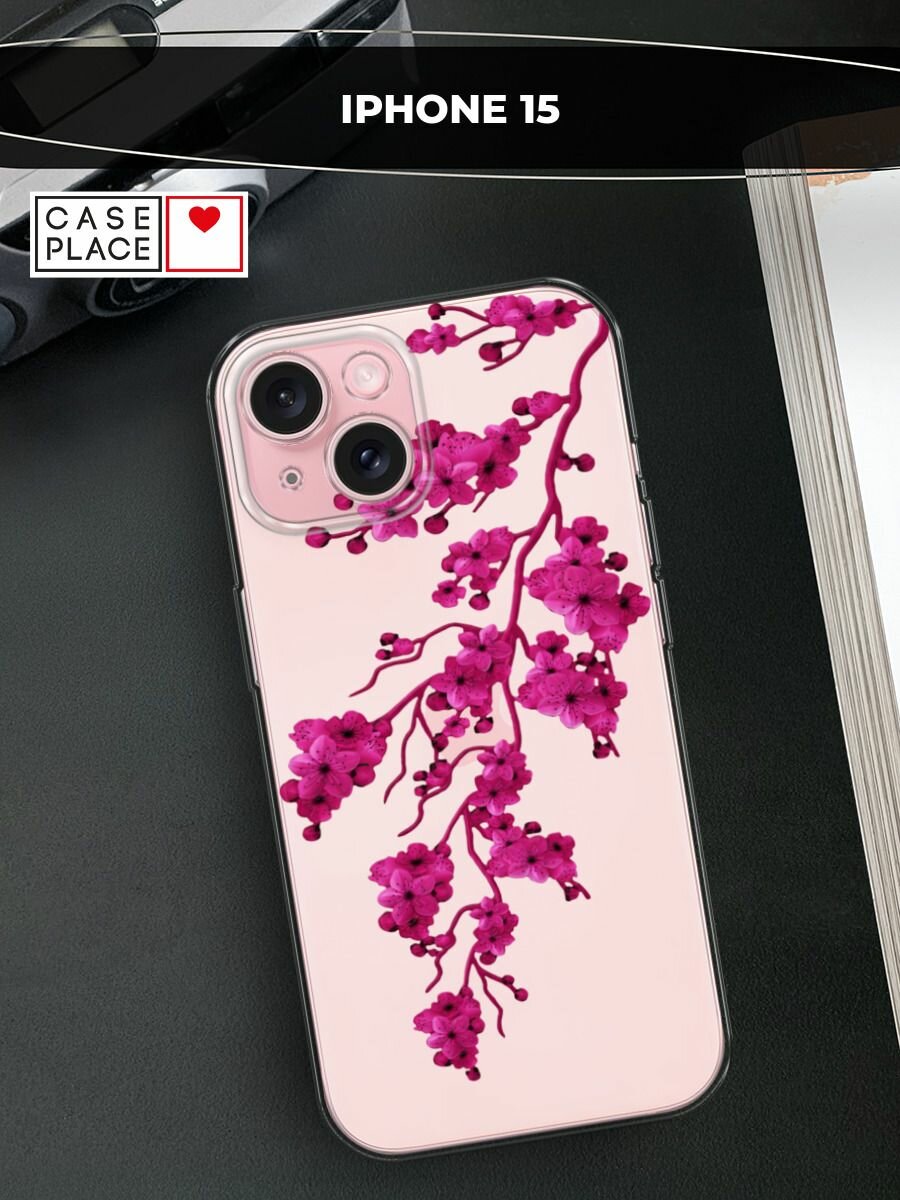 Силиконовый чехол на Apple iPhone 15 / Айфон 15 с принтом Яркая розовая сакура