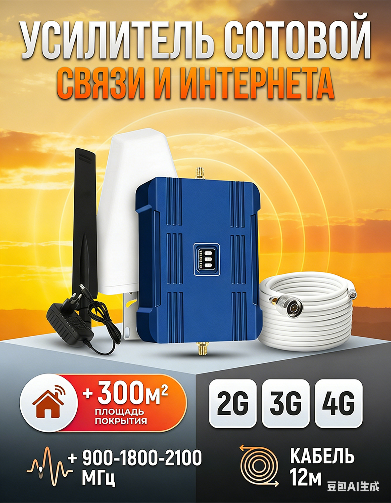 Усилитель сотовой связи 900/1800/2100 МГц (2G/3G/4G): до 70 км, направленный, синий, 1.3 кг