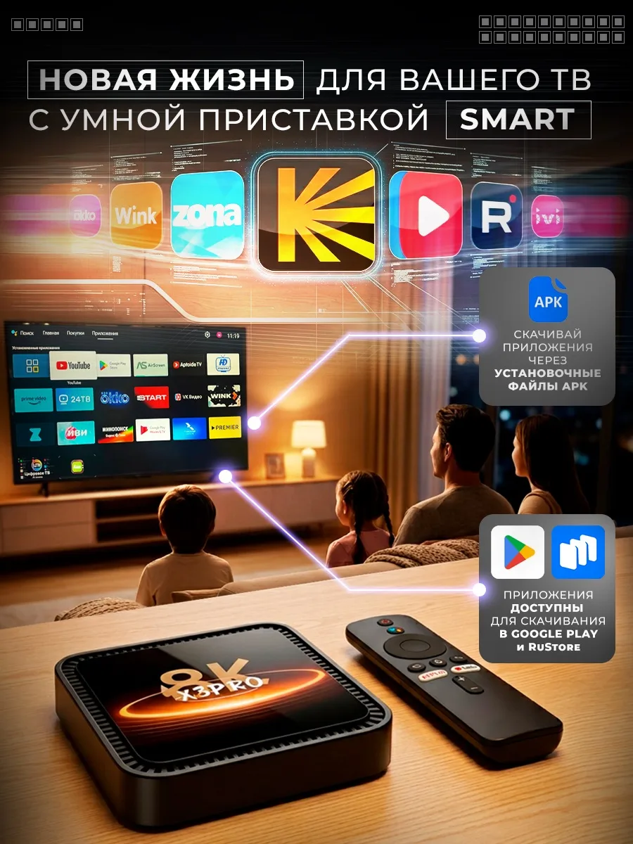 Смарт ТВ приставка для телевизора, Nerra, 8/128 Gb, медиаплеер Android 14