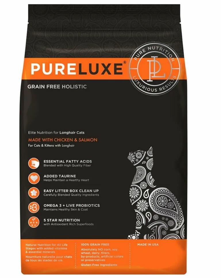 Сухой корм PURELUXE элитное питание беззерновой для длинношерстных кошек и котят с курицей и лососем 1.5 кг