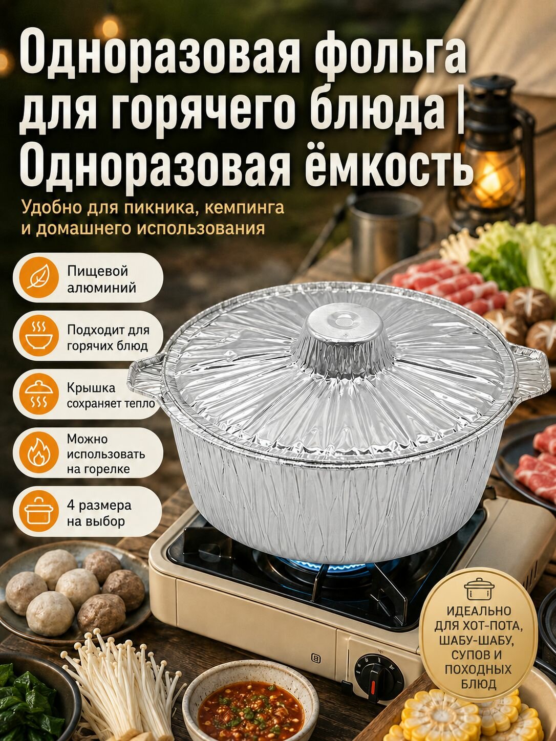Одноразовые алюминиевые кастрюли для хот-пота с крышкой, 2200 мл, набор 1 шт, на 3-5 человек