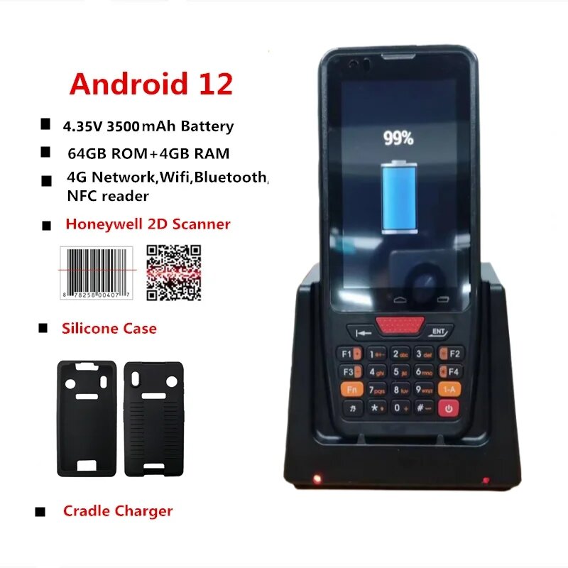 Android 12 PDA Сканер Honeywell 2D, 64GB ROM+4GB RAM, 4G, WiFi, Bluetooth, NFC, Цвет: cradle charger, Plugs Type