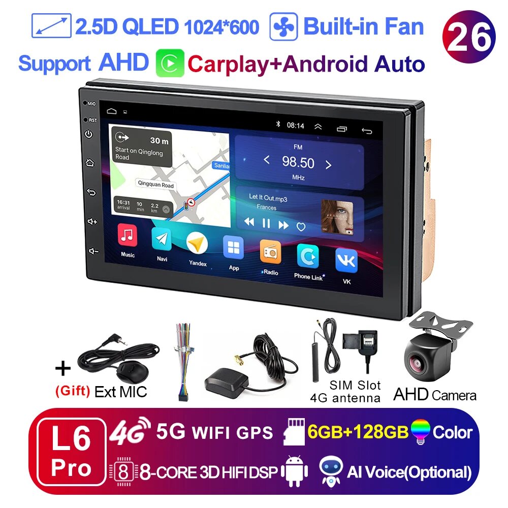 LEHX 8Core 2 Din Android 14 Авто Радио Мультимедиа automotivo Carplay GP Стерео L6 Pro(6-128GB)-AHD