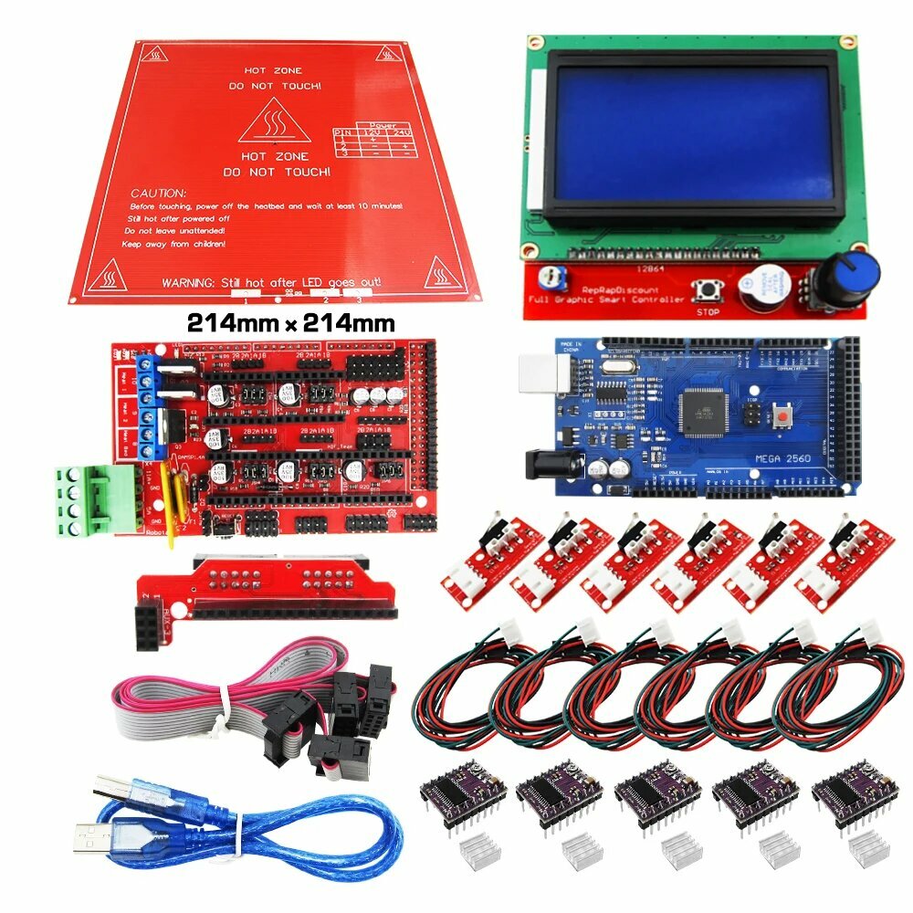 Комплект HAILANGNIAO Reprap Ramps 1.4 с Mega 2560 r3 + Heatbed mk2b + 12864 ЖК-контроллер + DRV8825 + Механический переключатель + Кабели