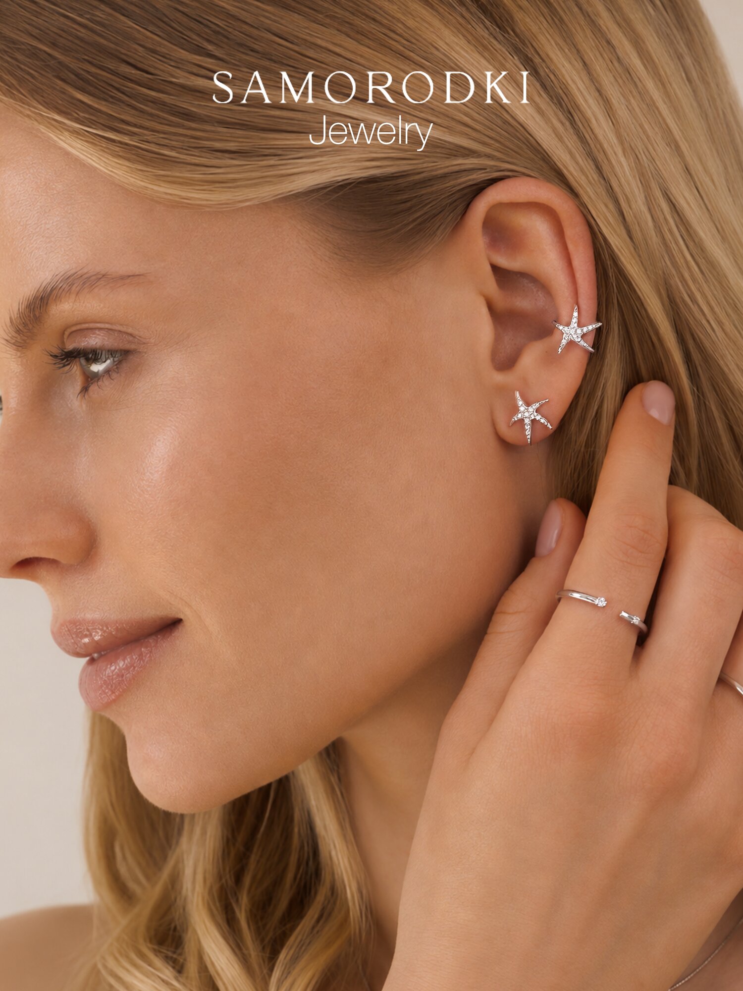 Кафф SamoroDki Jewelry, серебро, 925 проба, родирование, фианит, размер 12.3 мм, длина 1.23 см, , серебристый/белый — фото 1