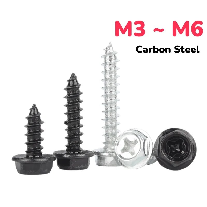 Саморезы с шайбой M3 M4 M5 M6 Углеродистая сталь Черный/белый цинк M5-50pcs, Iron Black, 30 мм