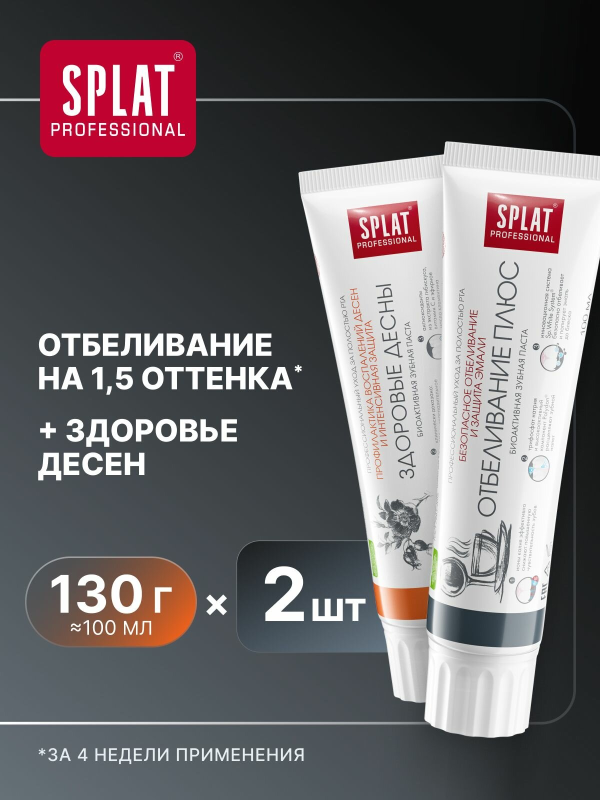 Зубная паста отбеливающая для чувствительных зубов и десен SPLAT (сплат) Professional "Отбеливание плюс" + "Здоровые десны", 130 г (100 мл) х 2 шт.