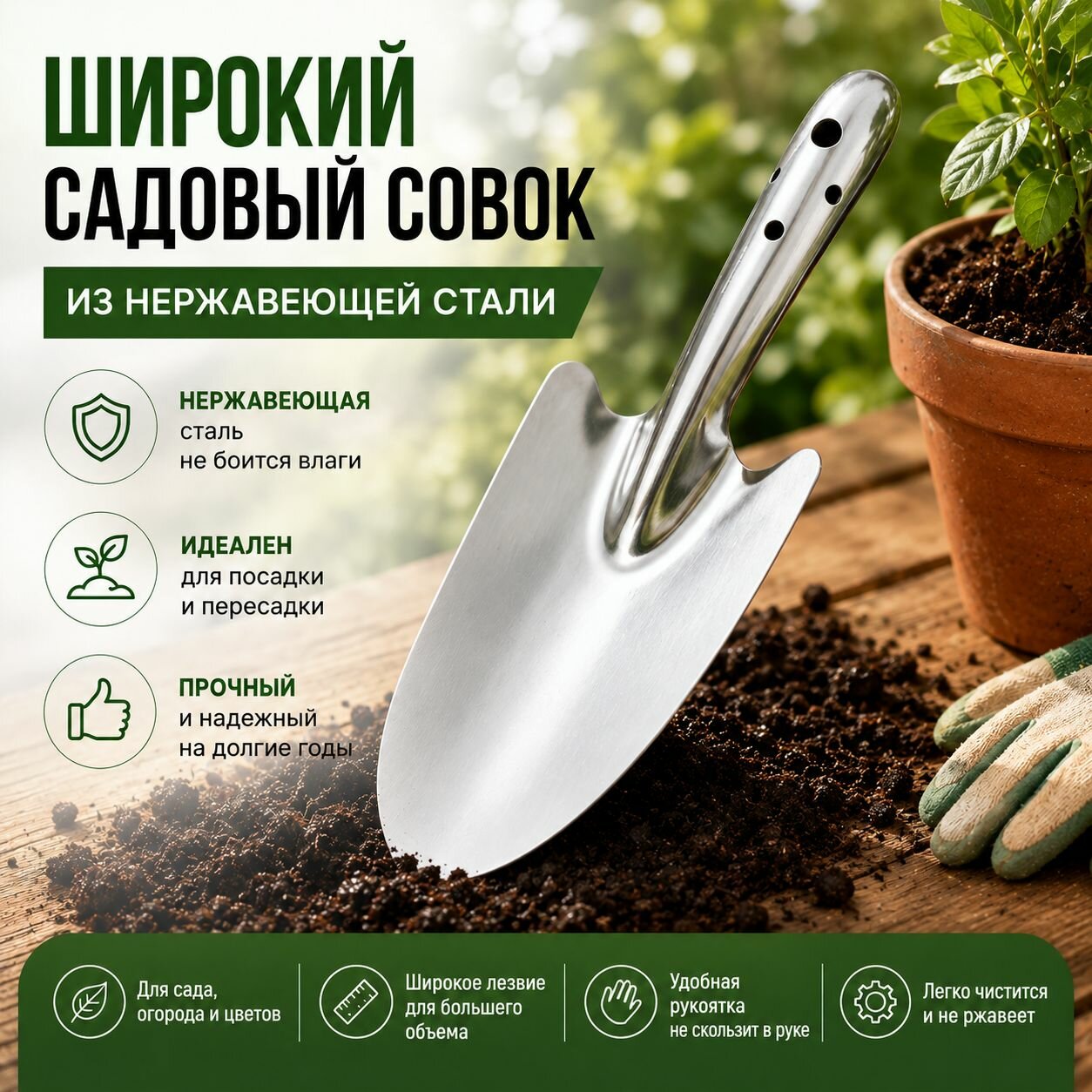 Совок садовый, Нержавеющая сталь, рукоять Сталь