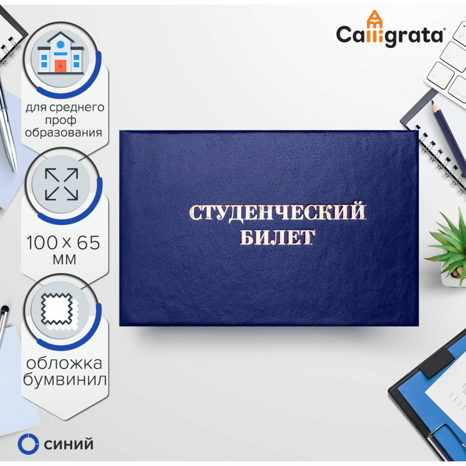 Студенческий билет для среднего профессионального образования 100x65 мм, жёсткая обложка, бумвинил, цвет синий, 10 шт.