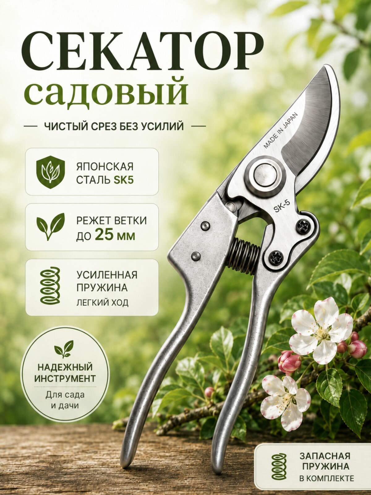 Секатор садовый для дачи и сада, секатор-ножницы для обрезки кустов, деревьев и цветов, лезвия из японской стали SK-5, ветки до 25 мм