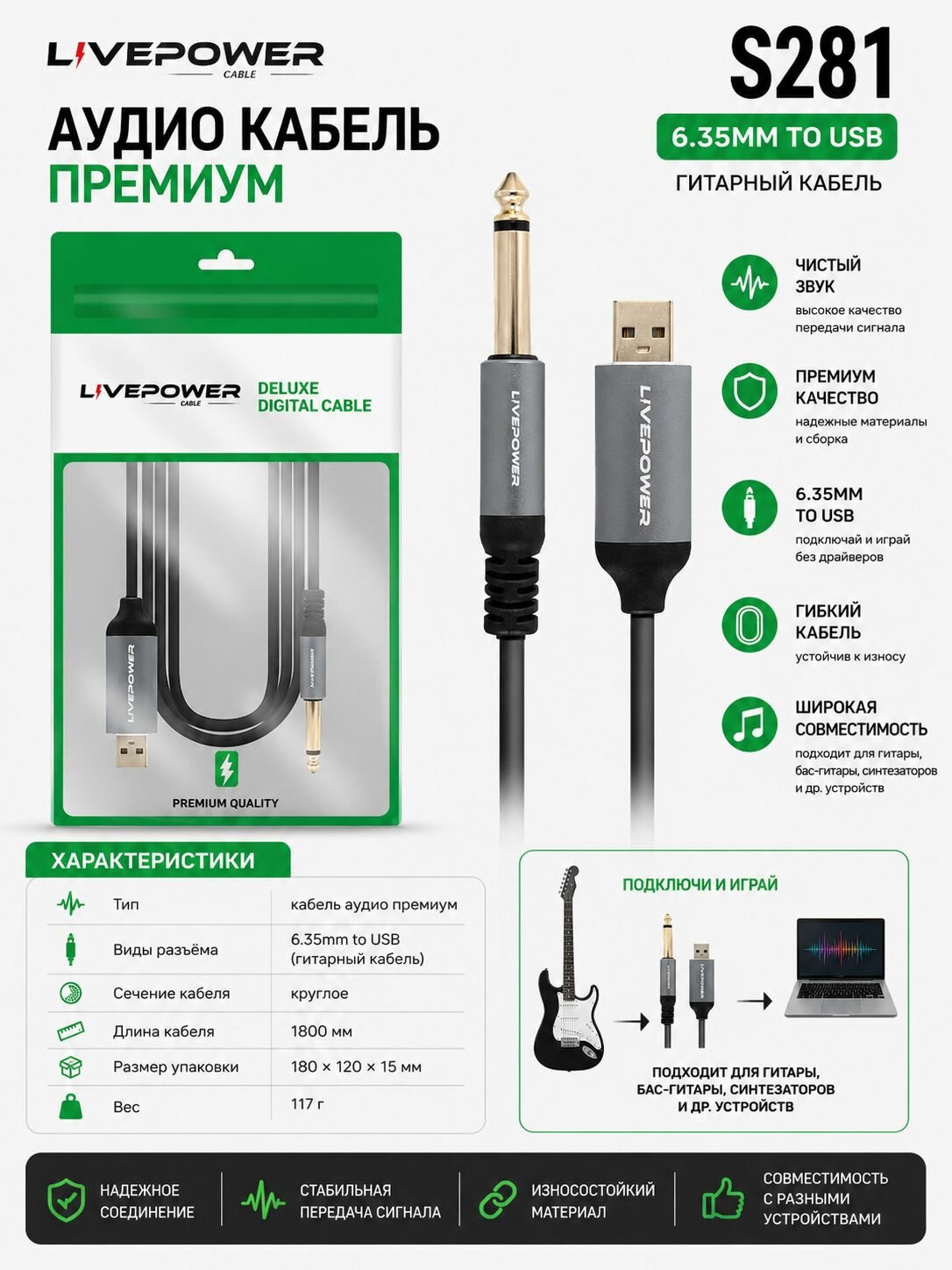 K&U Аудиокабель 6.3 мм/Mini-USB 2.0 Type-B, 1.8 м, черный