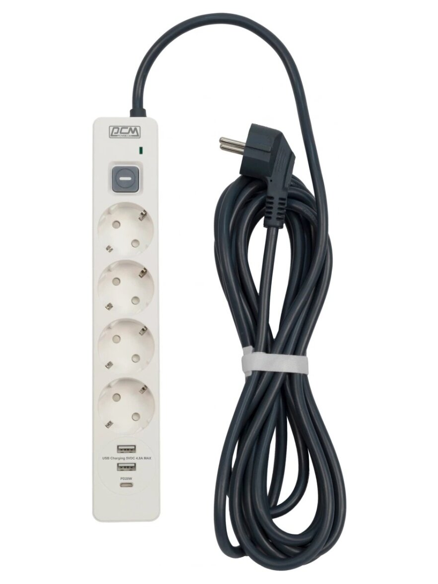 Сетевой фильтр Powercom SP-01 USB2A1CW 3,0М 3.0м (4 розетки) белый/серый (коробка)
