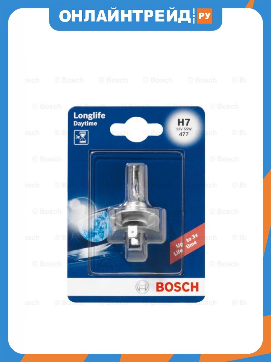 Лампа автомобильная Bosch Longlife Daytime H7 55W PX26d +10% 12V, 1шт, 1987301057