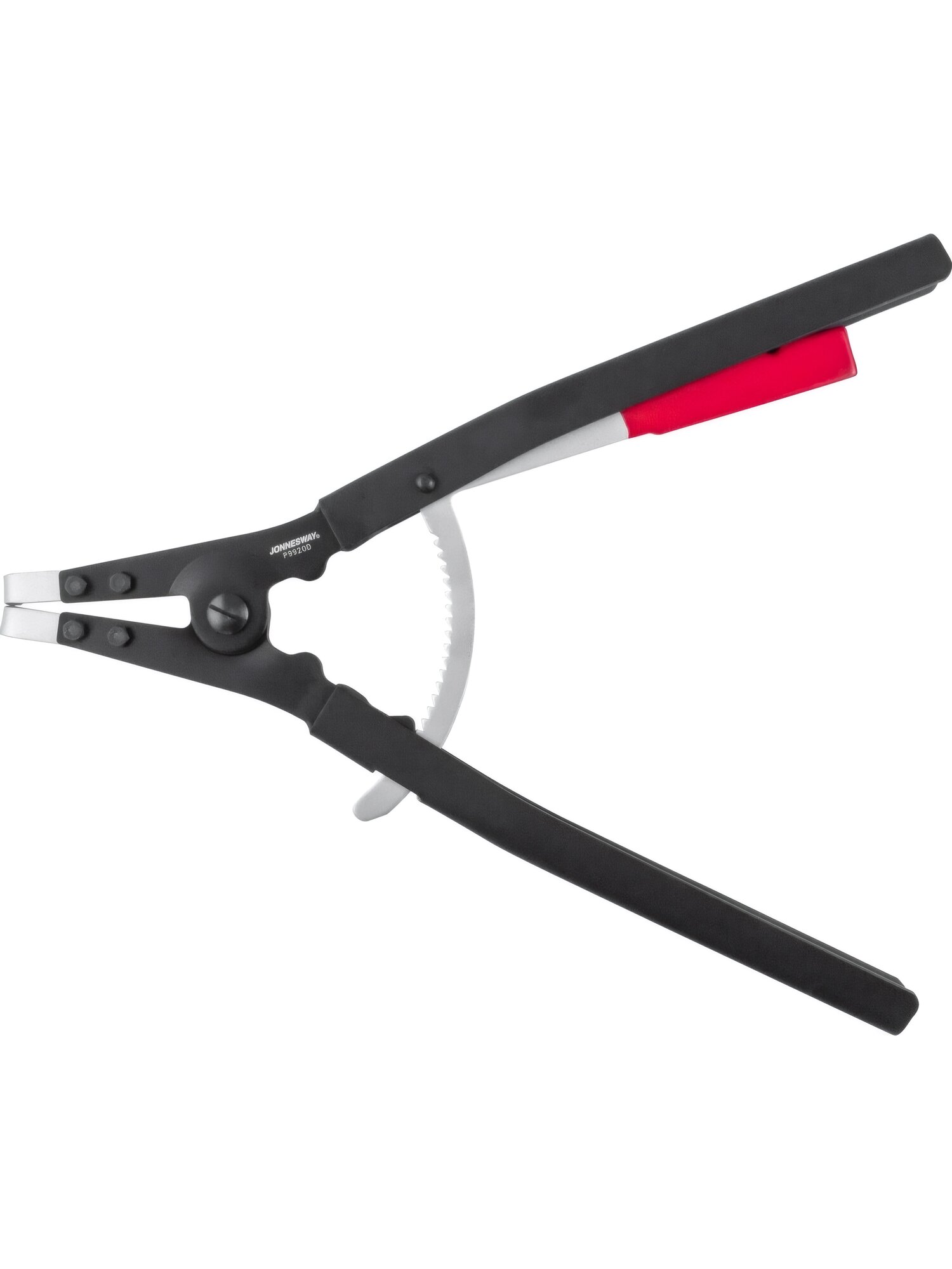 Щипцы JONNESWAY P9920D для стопорных колец с фиксатором изогнутые 90 гр. , разжим, 165-300 мм, 4.5-5.5 мм, 500 мм — фото 1