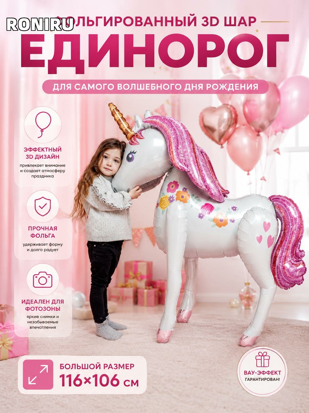 Фольгированный 3D шар-единорог 116х106 см для дня рождения девочки — большой праздничный декор для фотозоны и зала