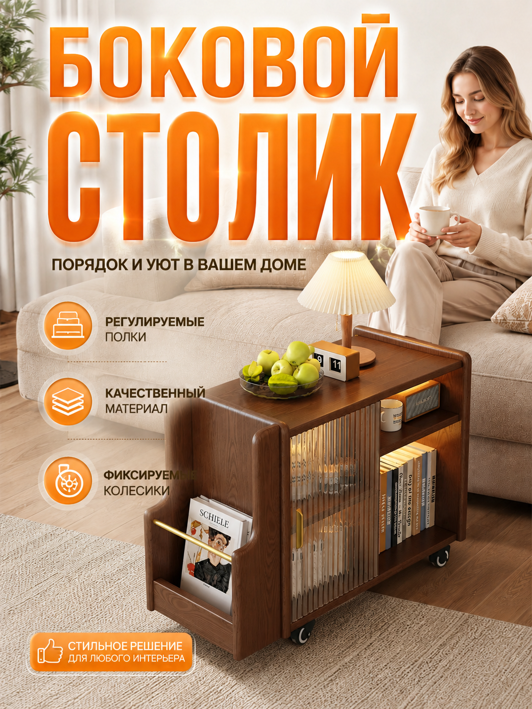 Приставной столик на колесиках с полками и дверцей, деревянная конструкция, хранение книг и мелочей, мобильная мебель рядом с диваном в гостиной