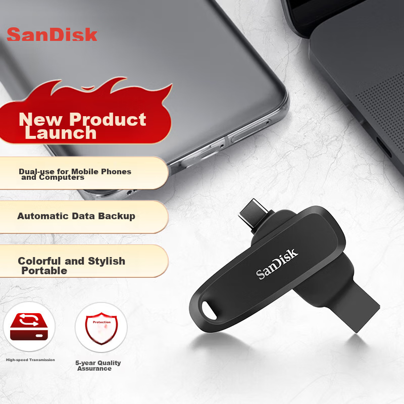 SanDisk 512GB Type-C USB3.2 мобильный флеш-накопитель DDC6 черный двойной интерфейс высокая емкость USB-драйв для