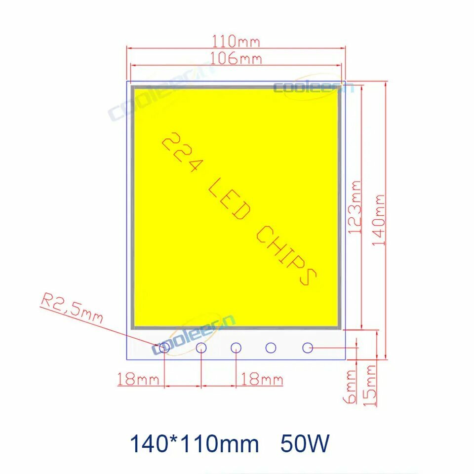 Желтый COB LED 50W 140x110mm