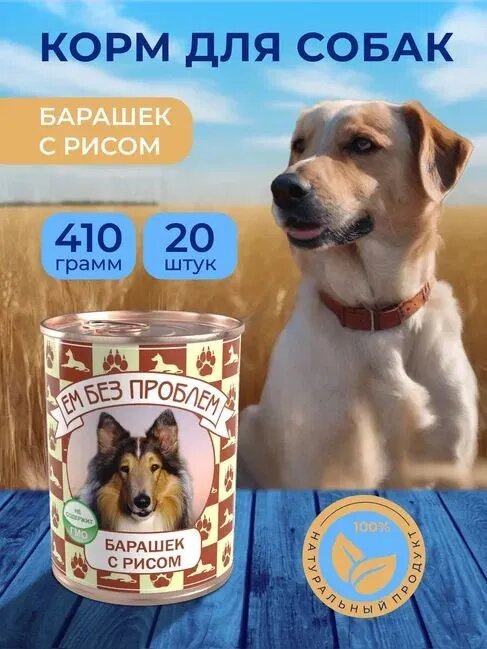 Корм влажный "Ем без проблем" в банках, консервы для собак премиум / Барашек с рисом, 20 шт. по 410 г