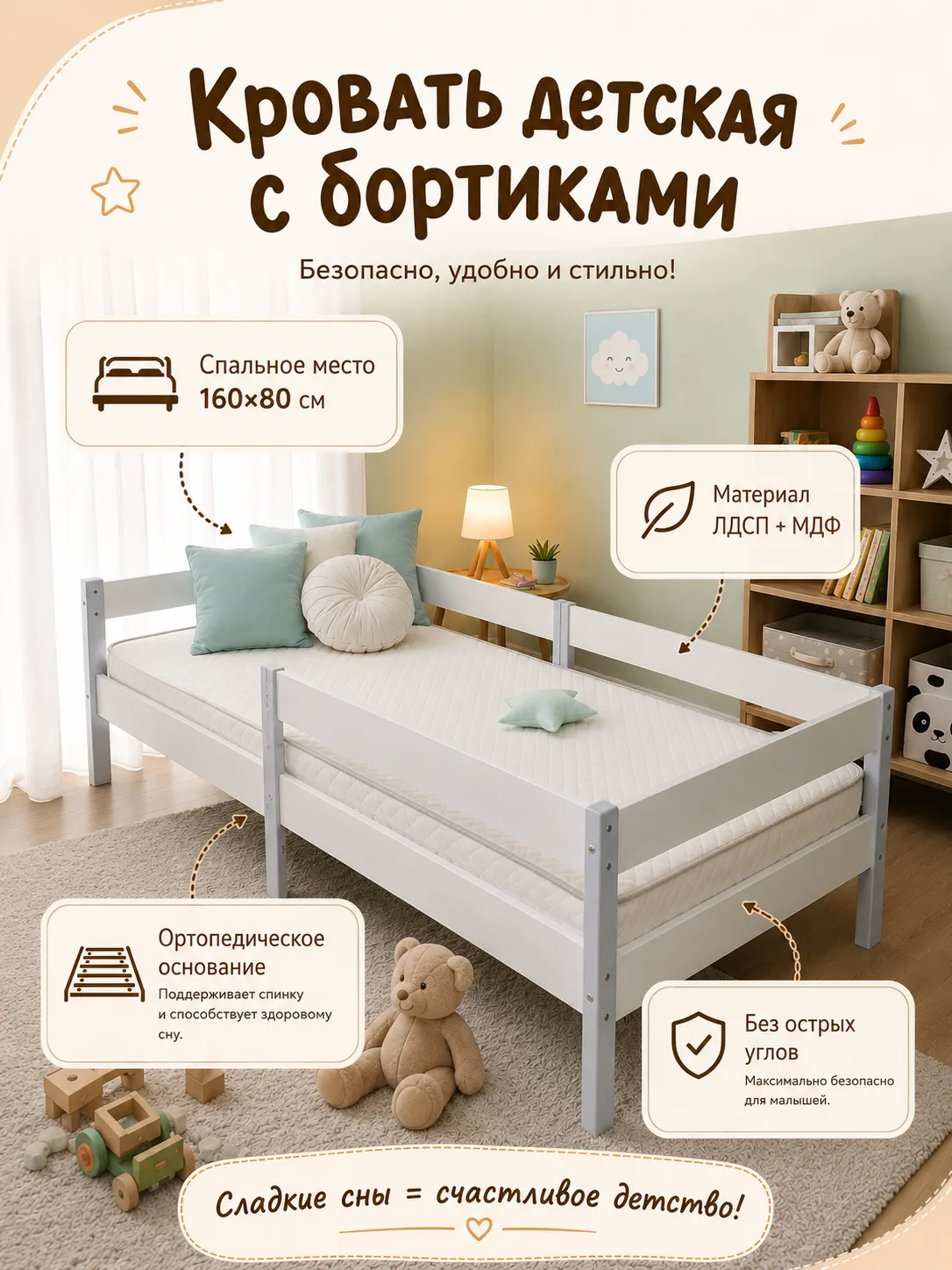 Кровать детская 160x80 см, деревянная, ЛДСП и массив березы, с бортиком