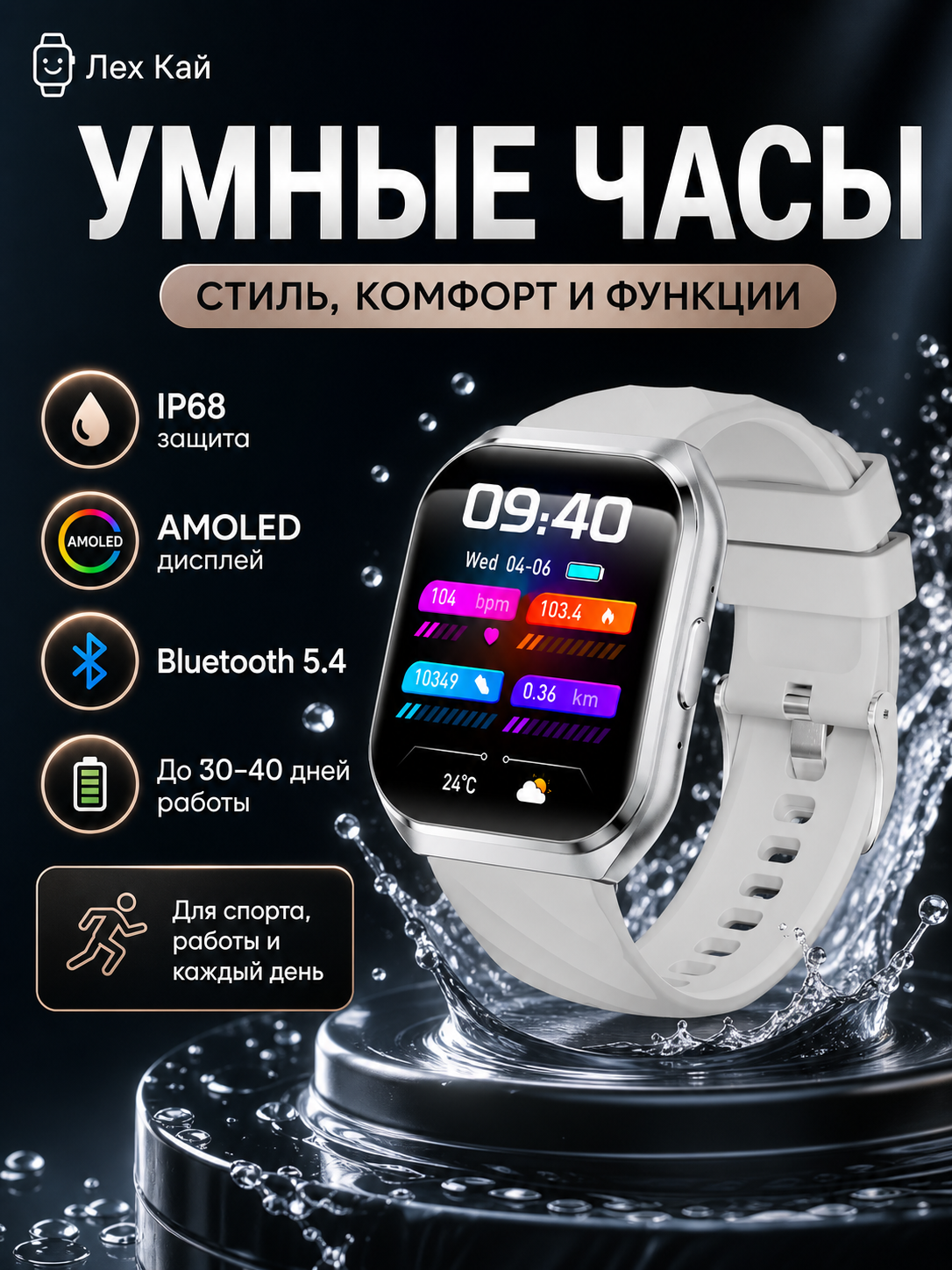 Часы умные LeKai MT66, AMOLED-дисплей, с GPS, влагозащита IP68, серебристый