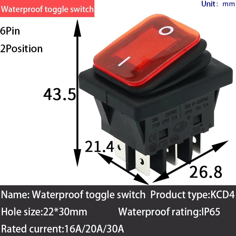 Переключатель KCD4 красный 6Pin 2Pos 16A