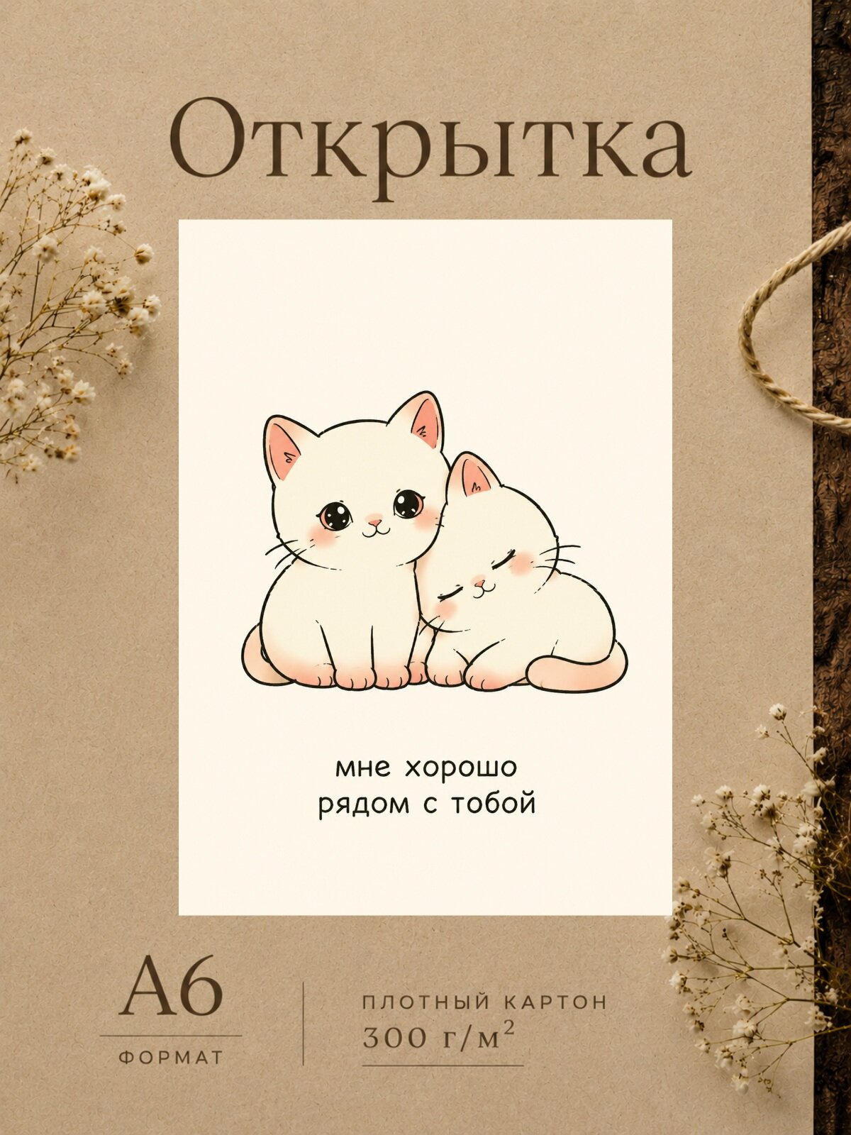 Милая открытка "Мне хорошо рядом с тобой" с котиками, картон 10,5 см x 14,8 см