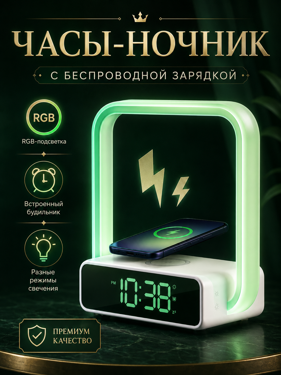 Умный светильник RGB Ночник с беспроводной зарядкой 10W, Часами и Будильником, Белый