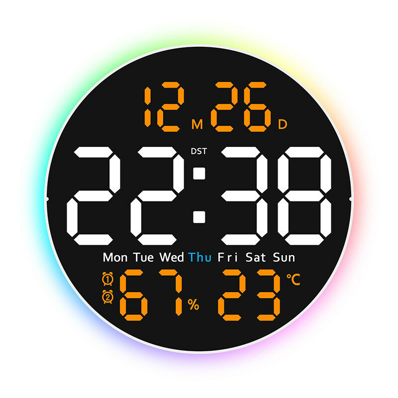 Modern circular digital wall clock with night light and temperature for living room decor brand unknown, orange