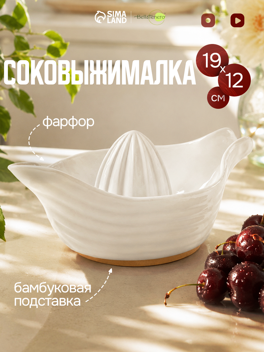 Соковыжималка фарфоровая на подставке из бамбука BellaTenero, 19×12×7,5 см, цвет белый