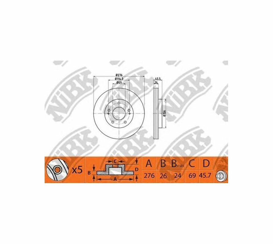 Диск тормозной передний NIBK RN1365 для MITSUBISHI LANCER 1.6 03 - 276мм