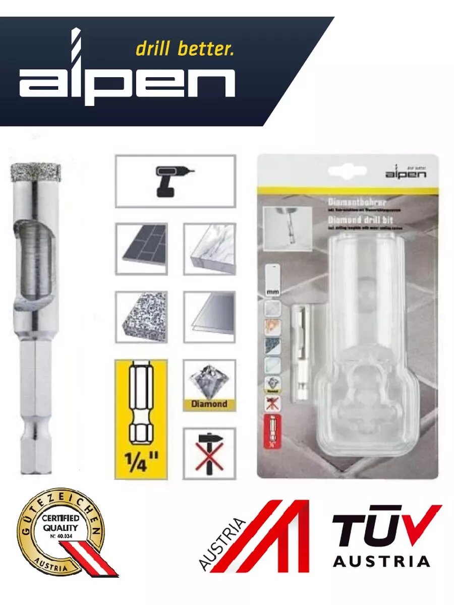 Сверло алмазное с шаблоном Profi Diamant Ø5,0 мм, хвост. 1/4" Alpen