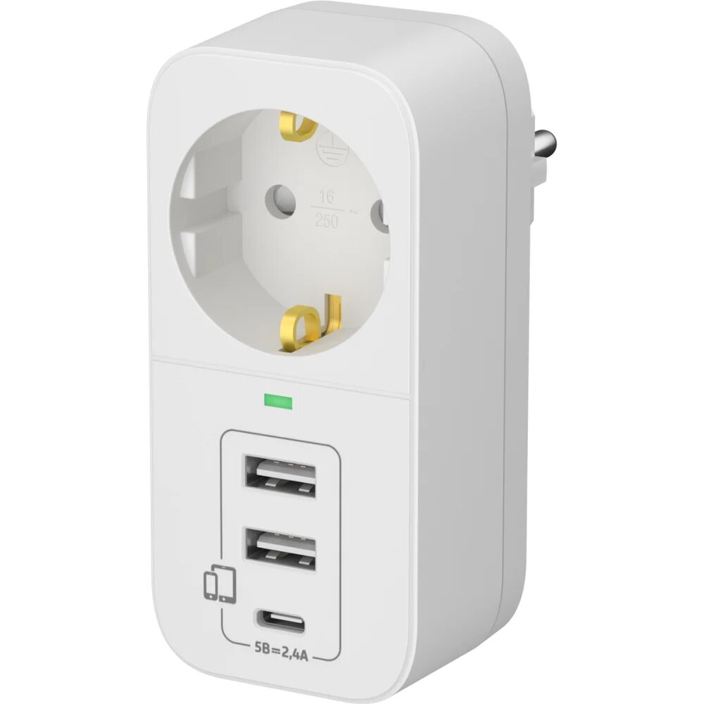 Адаптер сетевой фотон AM 16-1E-USB/A2C1, 16А, с заземл, 2 USB-A + USB-C, 2,4A, белый 25726, пластиковый, ударопрочный