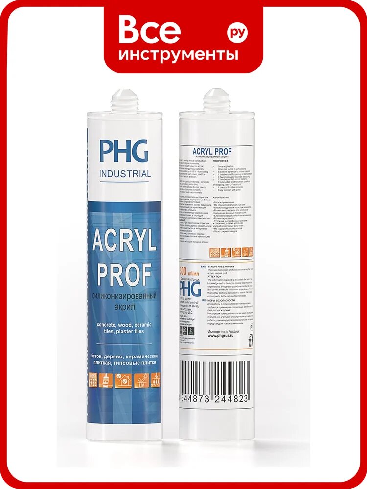 Акриловый герметик, PHG, PHG Industrial Acryl PROF 300 ml 448732, деревянных, внутри помещений